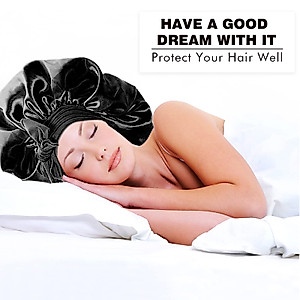 Women Satin Bonnet, Large Satin Bonnets for Braids Jumbo Size Silk Bonnet For Sleeping, Black Women Hair Bonnet with Stretchy Tie Band Sleep Bonnet Cap for Long Curly Hair Braid (Black & Leopard)