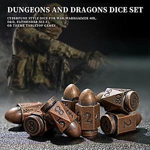Bullet Brass Dice for Dungeons and Dragons - Solid Metal Polyhedral D&D Dice Set for MTG, RPG, Tabletop Games, Warhammer 40K, Shadowrun