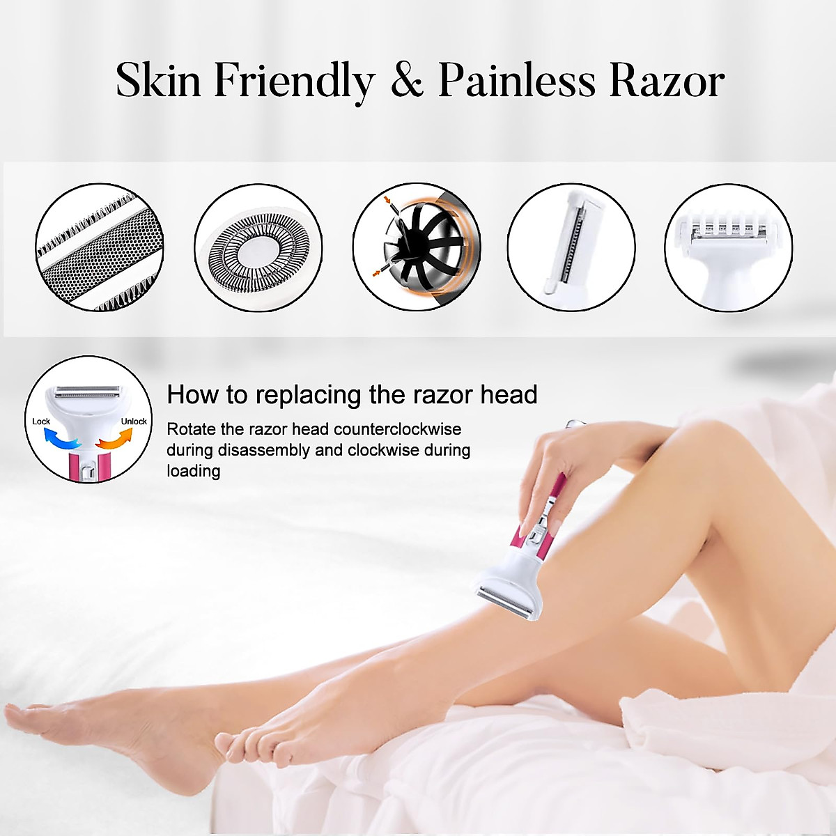 Electric Lady Shaver,Women Razors for Shaving 5-in-1 Set Painless Hair Shaver for Women Face, Eyebrow, Legs and Underarm, Portable Bikini Trimmer Wet & Dry Hair Removal, Micro USB Rechargeable