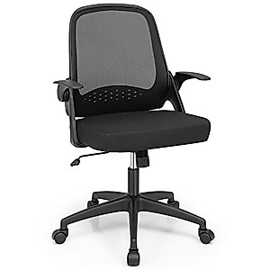 COSTWAY Mesh Office Chair, Adjustable Swivel Executive Chair with Flip-up Armrest, Lumbar Support and Rocking Backrest, Ergonomic Breathable Computer Desk Chair for Home Office (Black)