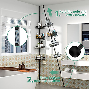 ksdenuov Corner Shower Caddy Tension, Adjustable 34-101 Inches Shower Caddy Tension Pole, 4-Tier Rust-Resistant Freestanding Shower Caddy With Rod, Suitable for Bathtub and Shower Organizer - Black