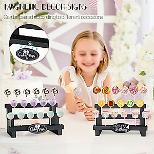 Y&ME YM Cake Pop Stand, 3-Tier Cake Pop Holder with Decor Sign, Lollipop Stand for Dessert Display, 17 Holes Cakepops Stick Stand, Wood Cake Stand for Wedding/Birthday/Baby Shower/Party (Black)