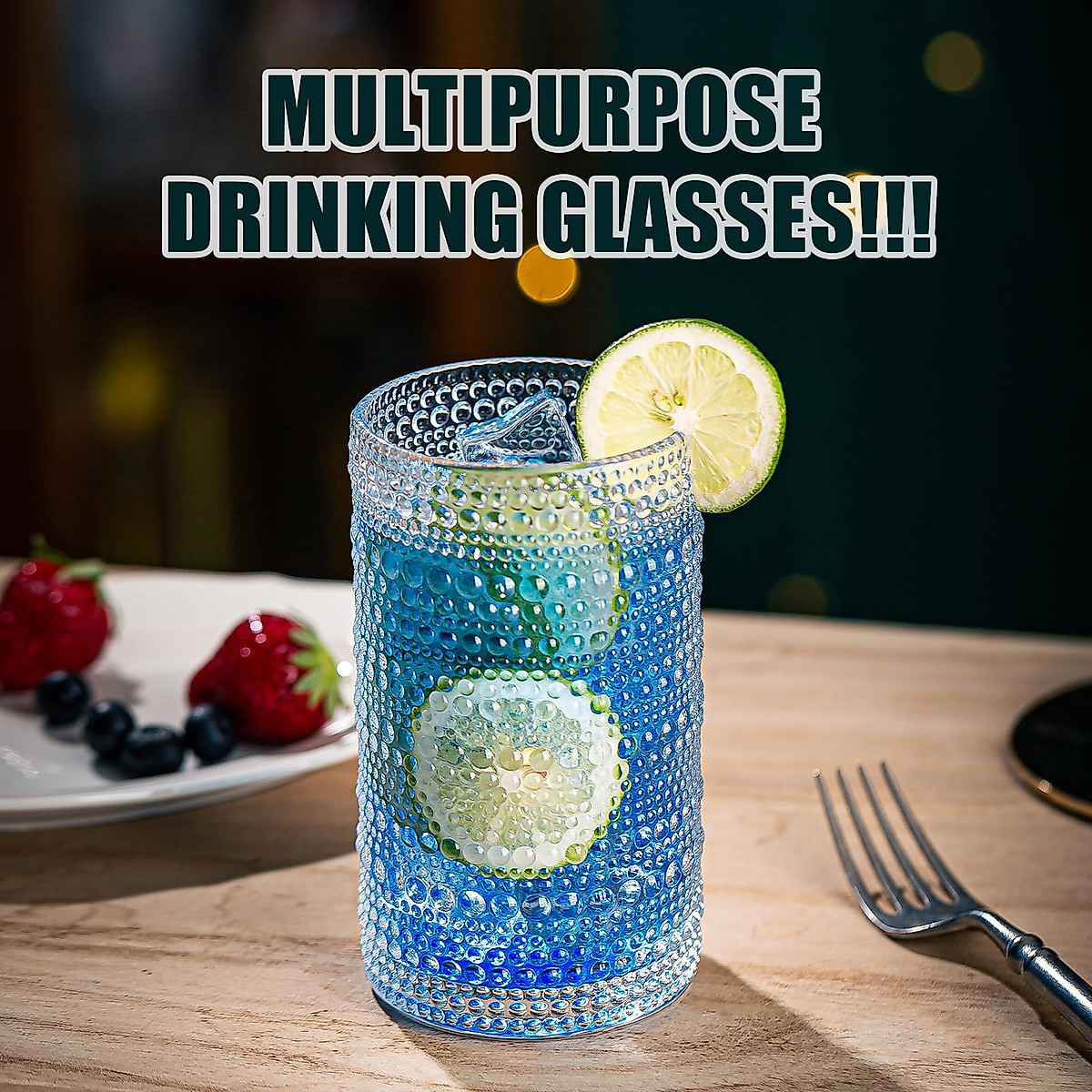 wookgreat Drinking Glasses, 8 pcs Embossed Designed Glass Cups, 15oz Highball Glasses, Tall Water Glass Tumbler, Mojito Cups, Cocktail Glass, Vintage Glassware Set for Water, Juice, Cocktail, Whiskey
