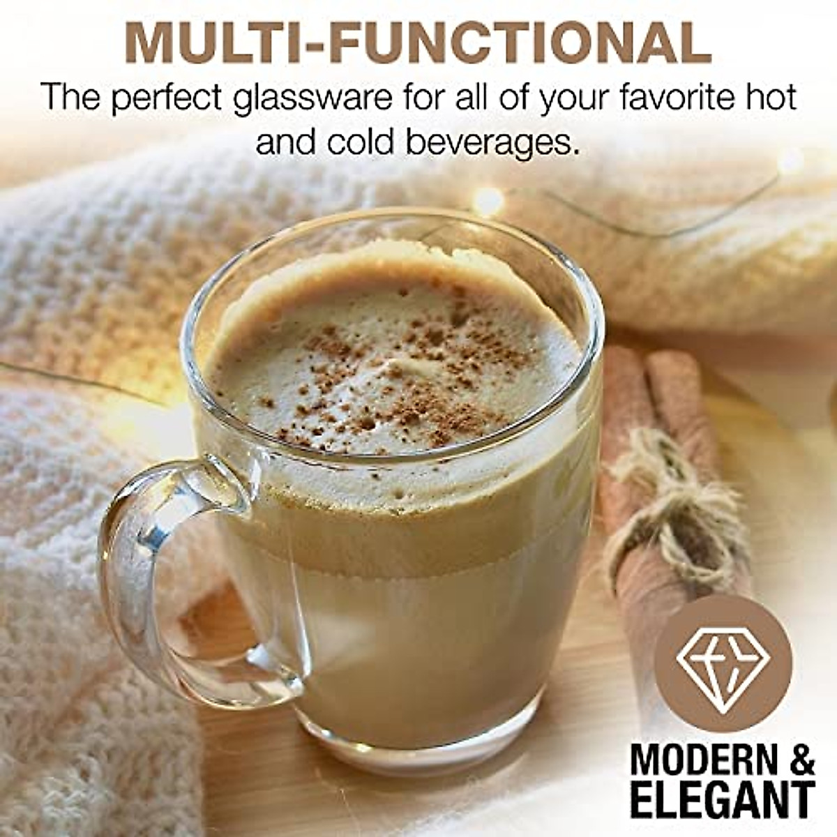 Eparé 12 oz Clear Glass Coffee Mugs Set of 6 - Glass Mugs for Hot Beverages - Durable Clear Coffee Cups - Tempered Glass Coffee Cup - Tea & Coffee Glass Cup - Giftable Clear Coffee Mug with Handle