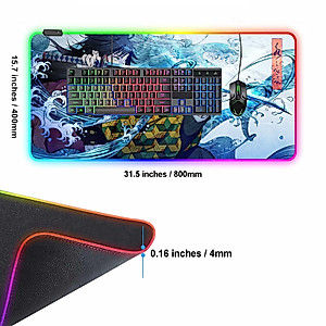 RGB Large Gaming Mouse Pad Anime Giyu Sword,Laptop Desk Pad,Mousepad with Stitched Edge Frame & Non-Slip Rubber Base,Computer Keyboard and Mice Pads Mouse Mat 31.5X15.7