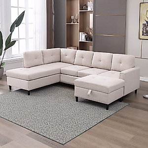 ZAFLY 101" Sectional Couch, L Shaped Sofa with Storage, Convertible Sofá 4-Seat with Reversible Chaise, Living Room Fabric Sofa Sets with Cup Holders -Beige