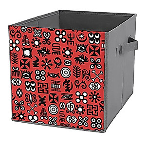 African Adinkra Pattern Storage Bin Foldable Cube Closet Organizer Square Baskets Box with Dual Handles