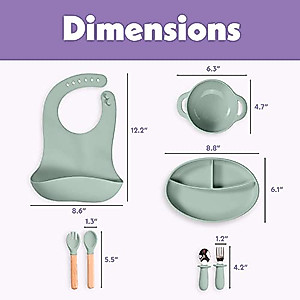 elbebe Silicone Baby Feeding Set - 7pcs Baby Led Weaning Supplies w/Strong Suction Cup - Baby Feeding Supplies, Baby Eating Supplies, Silicone Baby Plates and Bowls Set (Sea Mist Green)