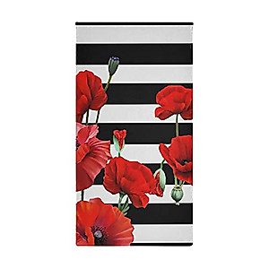 Red Poppy Hand Towels for Bathroom Set of 2 Black and White Striped Nature Botanical Floral Flowers Luxury Towels 16"x28" Soft Absorbent Bathroom Hand Towel for Face,Gym,Spa,Kitchen Dish Tea Towels
