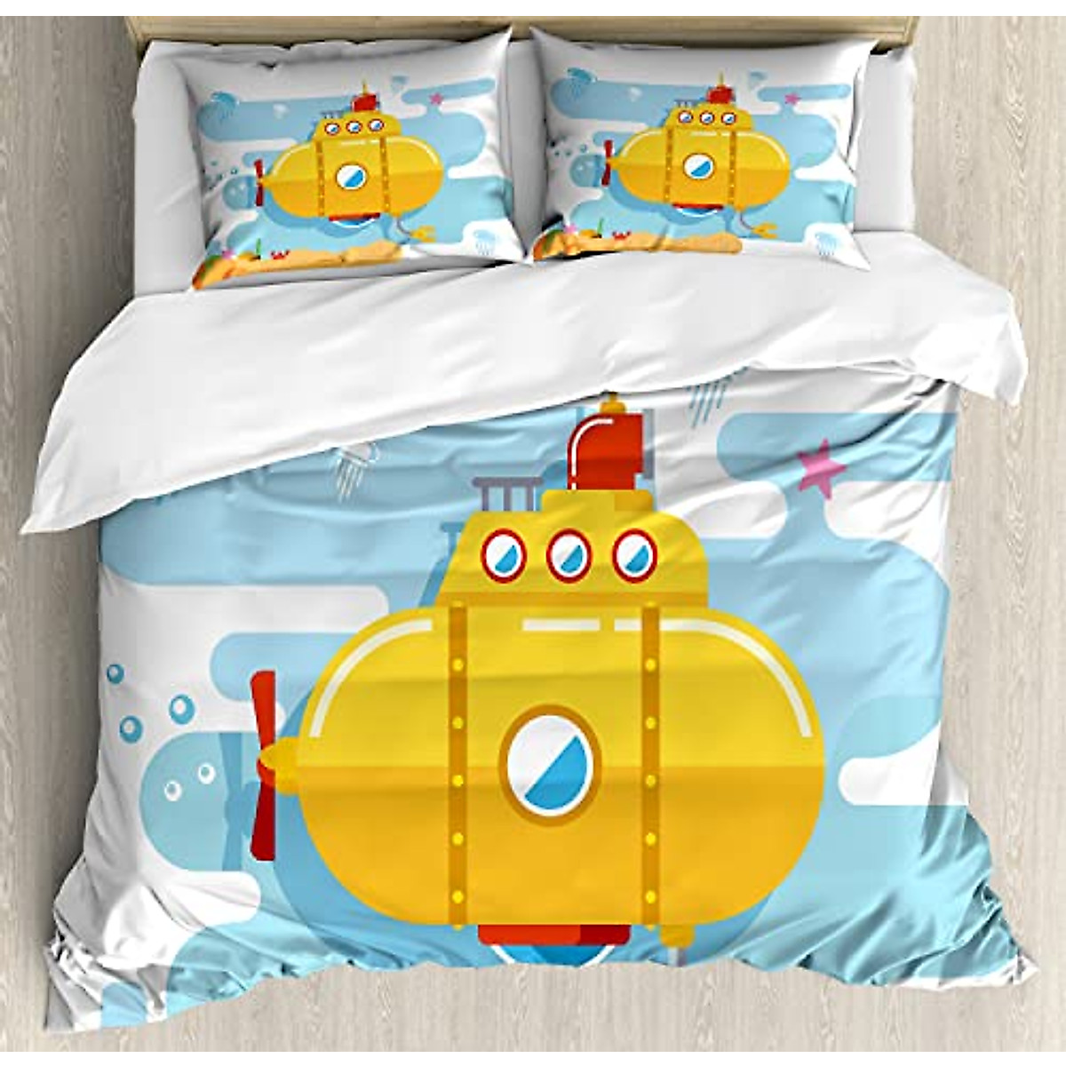 Ambesonne Yellow Submarine Duvet Cover Sets, Submarine Underwater Illustration Crab and Starfish Animal Print, Bedding Set with 2 Duvet Covers & 2 Pillowcases, 2 Pack Twin Size, Blue Earth Yellow