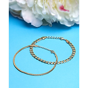 Nautica 14K Gold Plated Brass Anklet - Double Row Layered Chain Anklet for Women, Curb/Snake