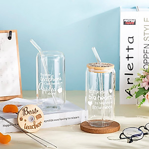 Gerrii 2 Pieces Teacher Gifts For Women Teacher Appreciation Gift Teacher Glass Cup 16 oz Drinking Glass Iced Coffee Glass Cup with Bamboo Lid and Straw