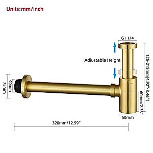 Miraga Bathroom Sink Stopper P-Trap Complete Set Adjustable 1-1/4 Sink Drain Kit Tube Solid Brass Bottle Trap w/Pop Up Drain Stopper Set, Overflow Version, Brushed Gold