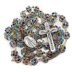 Nazareth Store Colorful Zirconia Crystal Beads Rosary Silver Catholic Necklace with Miraculous Medal Cross Crucifix Multicolor Rosaries in Velvet Bag