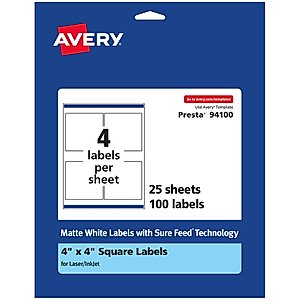 Avery Matte White Square Labels with Sure Feed, 4" x 4", 100 Matte White Printable Labels