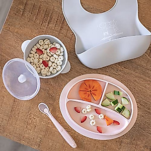 Kcuina Silicone Baby Feeding Set - Suction Plate, Bowl with Lid, Baby Spoons, and Bibs. First Stage Self-Feeding Utensils Set. Food Grade Silicone. BPA Free.