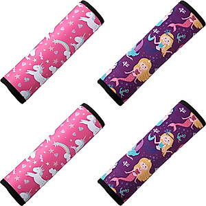 4 Pieces Kids Car Seat Belt Cover Safety Car Seat Belt Pad Cushion Shoulder Protector for Baby Boys Girls Children, Mermaid and Unicorn
