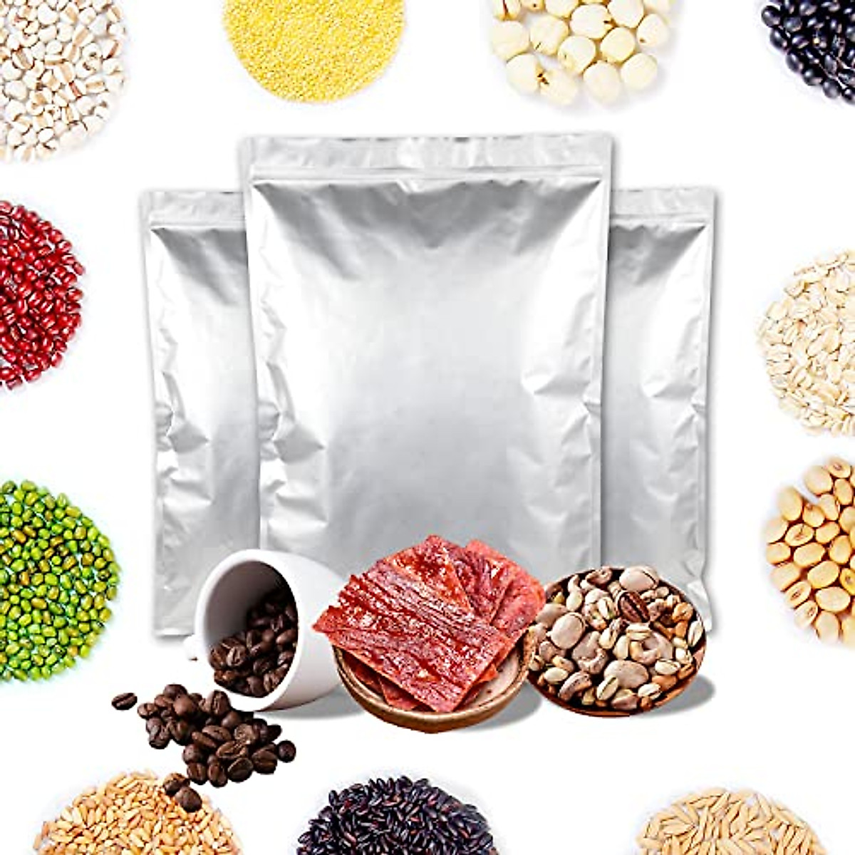 5 Gallon Mylar Bags with 2500CC Oxygen Absorbers and Labels, Zipper Resealable Pouches Heat Sealable Bags for Long Term Food Storage (10 pcs)