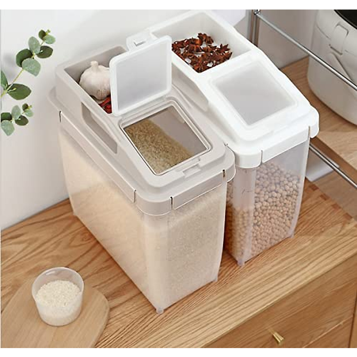 NLGG Airtight 20Lb Rice Container, Food Storage Cereal Container, 12Lb Pet Dog Food Container with Wheels + Measuring Cup, Flour Grain Container for Household, White, QB7305QC1518T56