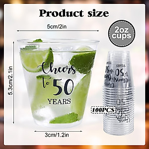 100 Pack Cheers to 50 Years Shot Glasses 2 oz Hard Plastic Disposable Cups, 50th Party Favors Small Clear Tasting Cups for Wine Whiskey for Women Men Wedding Anniversary