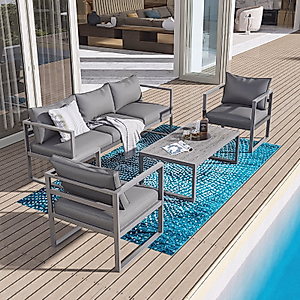Esplorilo Outdoor Aluminum Metal Patio Furniture Set, 4 Piece Patio Conversation Sectional Sofa Sets with 5 Inch Thick Cushion & Coffee Table, Outdoor Couch Furniture for Patio,Backyard,Grey