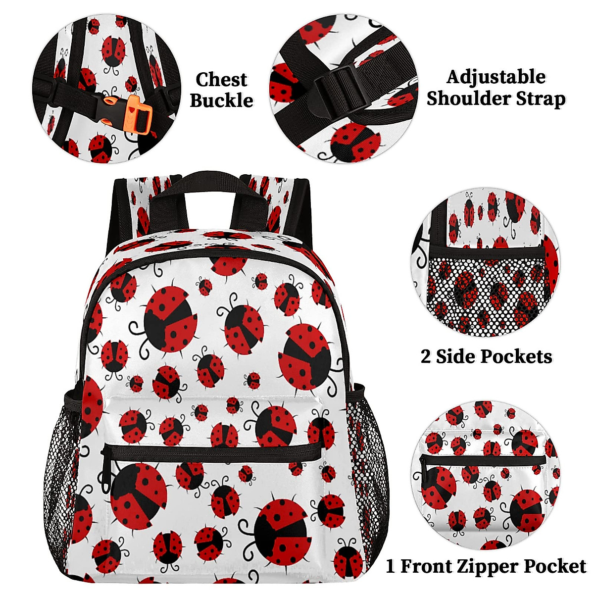 Pardick Cute Kids Backpack Red Ladybug Toddler Backpack with Chest Strap for Boys Girls Red Ladybug Print Lightweight Kindergarten Children Schoolbag Nursery Elementary Travel Bag