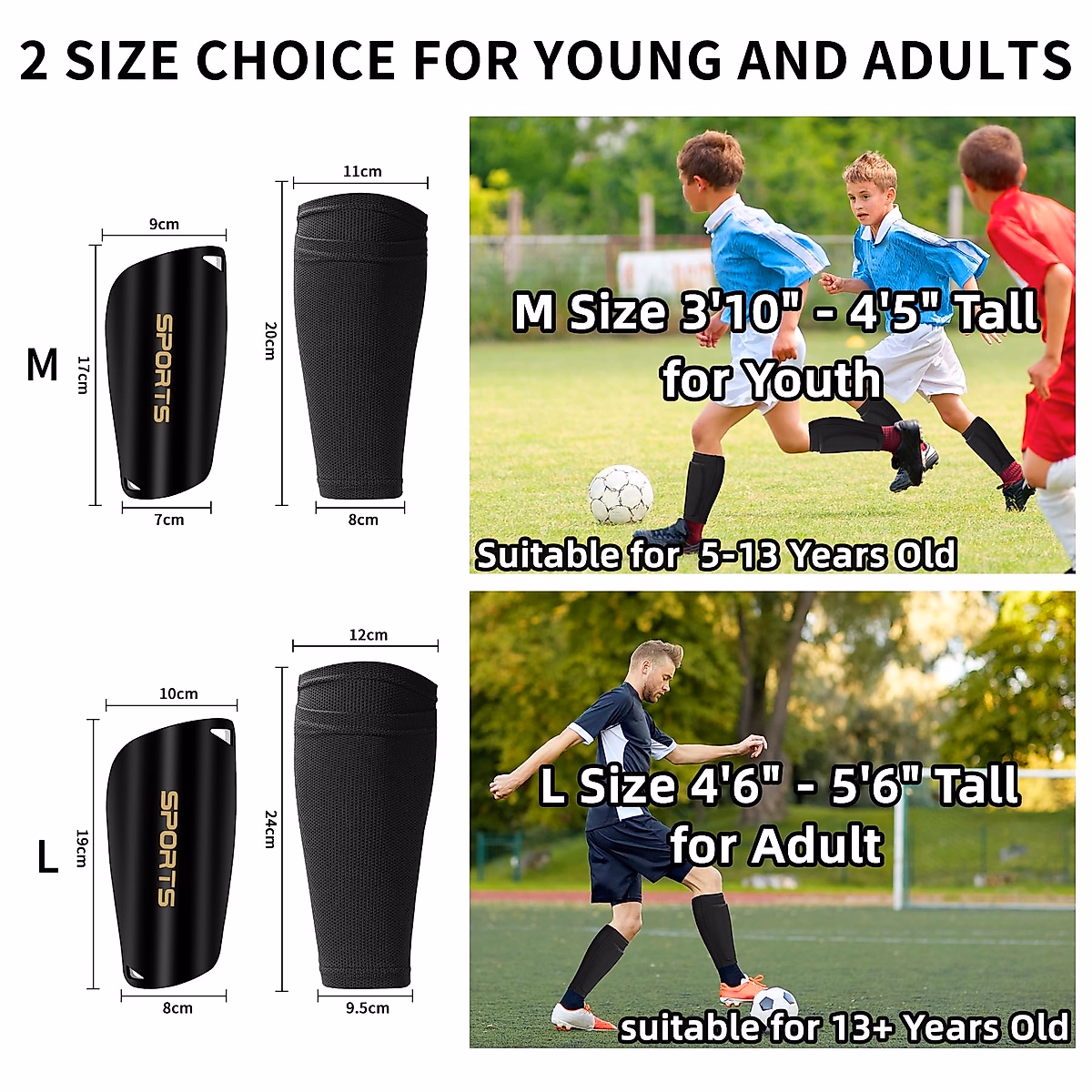 R2Depot Soccer Shin Guards, Shin Pads with Shin Guard Sleeves Set for Youth Adult, EVA Cushion Protection, Breathable Calf Protective Gear -Black L