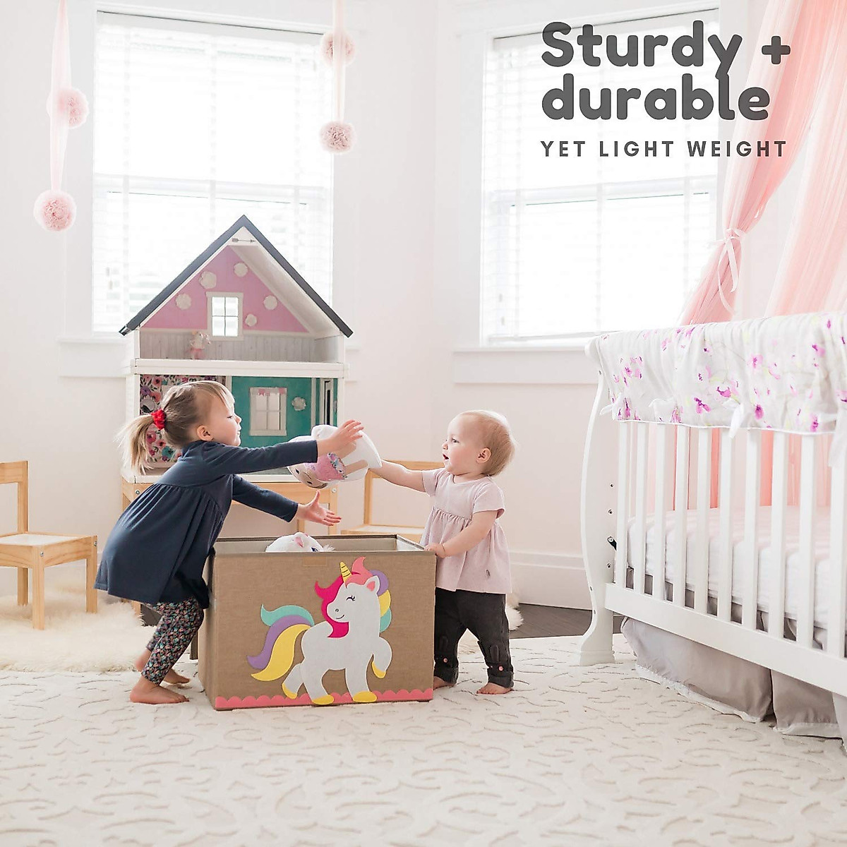 Hurricane Tots Large Toy Chest. Canvas Soft Fabric Children Toy Storage Bin Basket with Flip-top Lid. Collapsible Gray Toy Box for Kids, Boys, Girls, Toddler and Baby Nursery Room