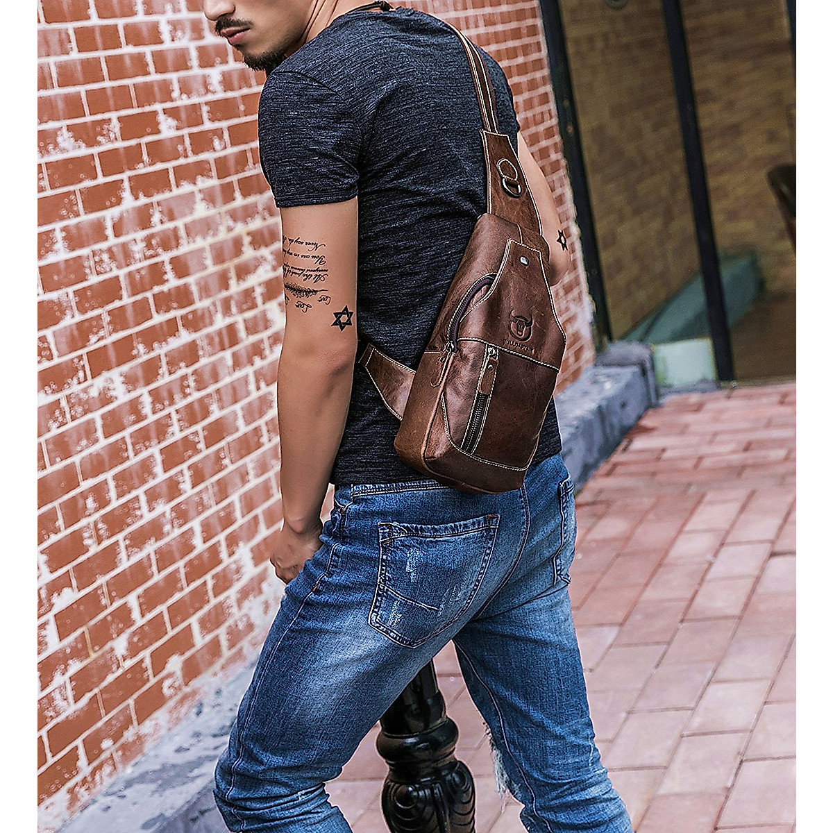 Men's Sling Bag Genuine Leather Chest Shoulder Backpack Cross Body Purse Water Resistant Anti Theft For Travel Hiking School