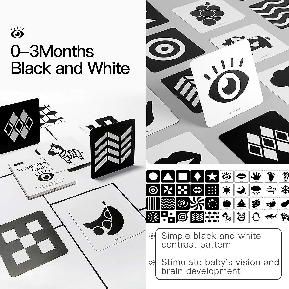 beiens High Contrast Baby Flashcard, 80 Pcs 160 Page Black White Colorful Visual Stimulation Learning Activity Card for Babies Ages 0-3-6-12-36 Months, 5.5'' x 5.5'' Newborn Infants Toys Gift