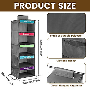 Weekly Clothes Organizer for Kids 5-Shelf Days of The Week Clothes Organizer Shelf Hanging Kids Closet Organizer Versatile Kids Weekly Clothes Organizer for Hats T-Shirts Bags Towels Underwear (Gray)
