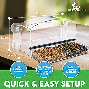 Gray Bunny Window Bird Feeder with Strong Suction Cups, Modern Window Bird Feeders for Outdoors Viewing, Clear Transparent Squirrel Proof Birdfeeder, Drain Holes, Removable Tray, Large Seed Capacity