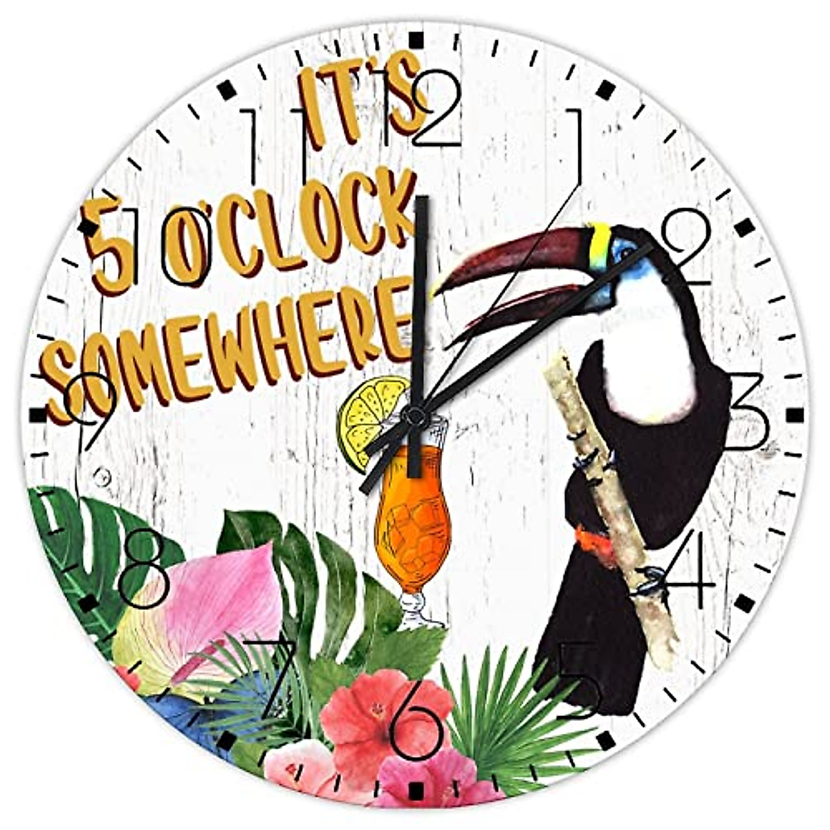 Autravelco Wooden Wall Clock Round Silent Non-Ticking It's Five O'clock Somewhere Beautiful Wall Clocks Tiki Bar Pool Hot Tub Luau Wooden Wall Decor for Nursery Patio Cabin 10 Inch