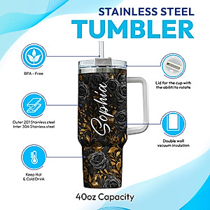 Hyturtle Personalized Gothic Skull Tumbler - Sunflower Gifts For Skeleton Lovers - Horror Lover Gifts - Gift For Women On Halloween - Spooky Tumbler - Custom Travel Coffee Cup 40oz With Lid And Straw