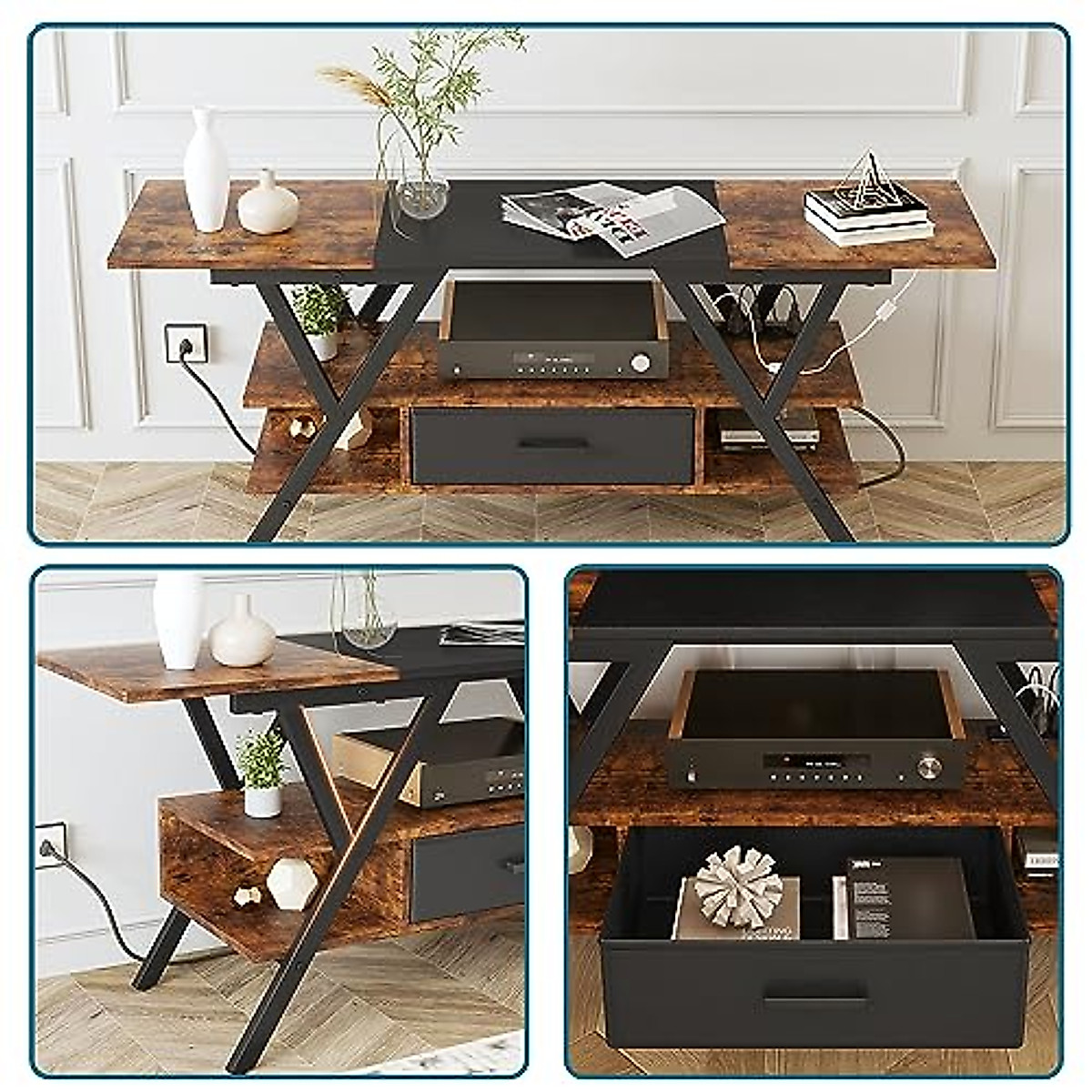 Yusong 65 inch LED TV Stand, Entertainment Center Gaming TV Table with Outlets, Up to 65" Media Console for Living Room, 29+DIY Dynamic RGB Modes, Rustic Brown and Black