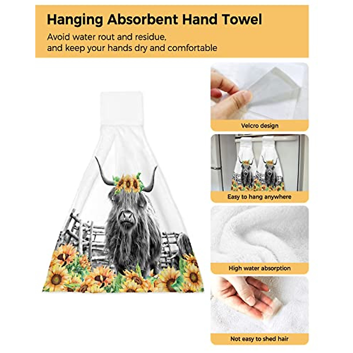 2PCS Hand Tie Towels for Bathroom Kitchen-Farm Highland Cow Sunflowers Decor Hanging Towel Tea Bar Dish Cloth Soft Coral Fleece Absorbent Washcloth,Black White Animals