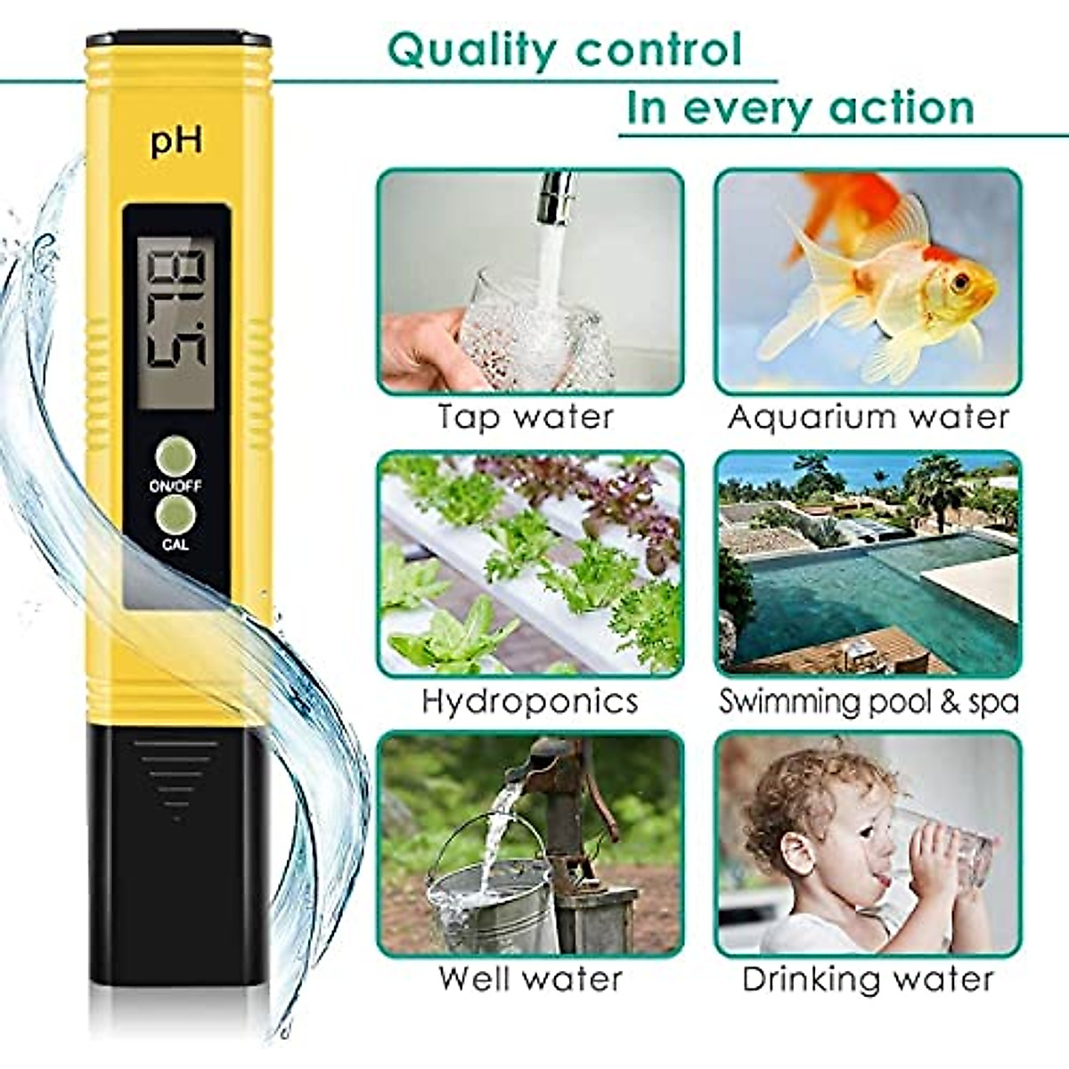Precise Digital PH Meter, Tester with 0-14 PH Measurement Range for Household Drinking, Pool and Aquarium Water PH Tester Design with ATC Practical (Color : Yellow) Water Quality Detector