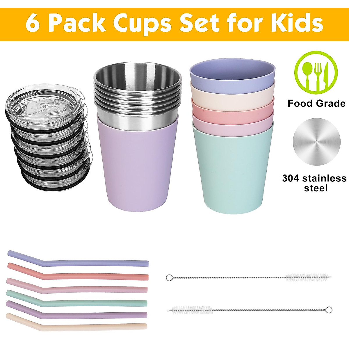 IEBIYO 6 Pack Kids Cups with Straws and Lids Water Spill Proof Toddlers Mugs with Colorful Silicone Sleeves Stainless Steel Cups Tumblers for Cold & Hot Drinks for Children and Adults （12oz