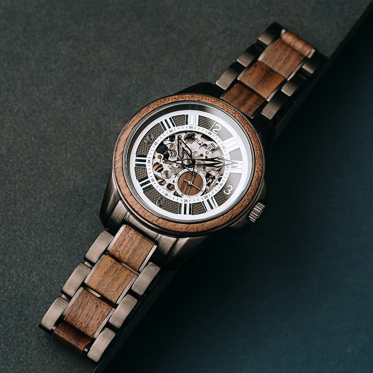 HOLZKERN Jemaa Men’s Watch, 43mm Silver Skeleton Dial, Brushed Stainless Steel Strap, Vintage Watch for Men