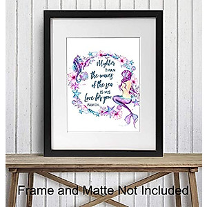 Mermaid Seahorse Seashells Wall Art - Inspirational Bible Verse Religious Quote - Christian Scripture Room Decor for Bathroom, Bedroom - Nautical Ocean Beach House Poster - Mightier Than the Waves