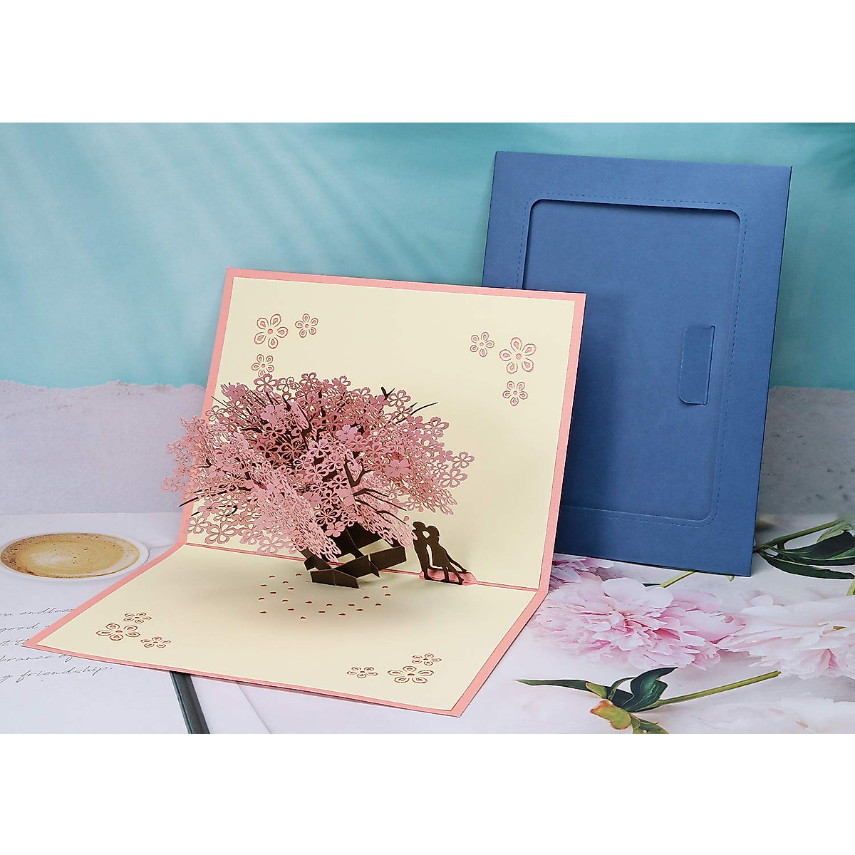 Penta Angel Handmade Cherry Blossom Card Pop Up 3D Flower Card Romantic Love Letter Greeting Anniversary Wedding Valentine Birthday Gift Card Blank Stationery Paper Card for Her Him Husband Wife
