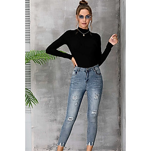 MANGDIUP Women's Mock Turtleneck Long Sleeve Pullover Tops Slim Fit Basic T-Shirts (Black, X-Large)