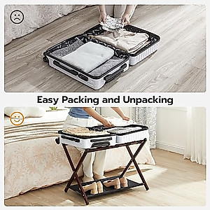 HOOBRO Luggage Rack, Folding Bamboo Suitcase Stand with Storage Shelf and Nylon Straps, 26.8" L x 17.7" W x 20" H, for Guest Room, Hotel, Bedroom, Holds up to 110 lb, Brown and Black BR07XL01