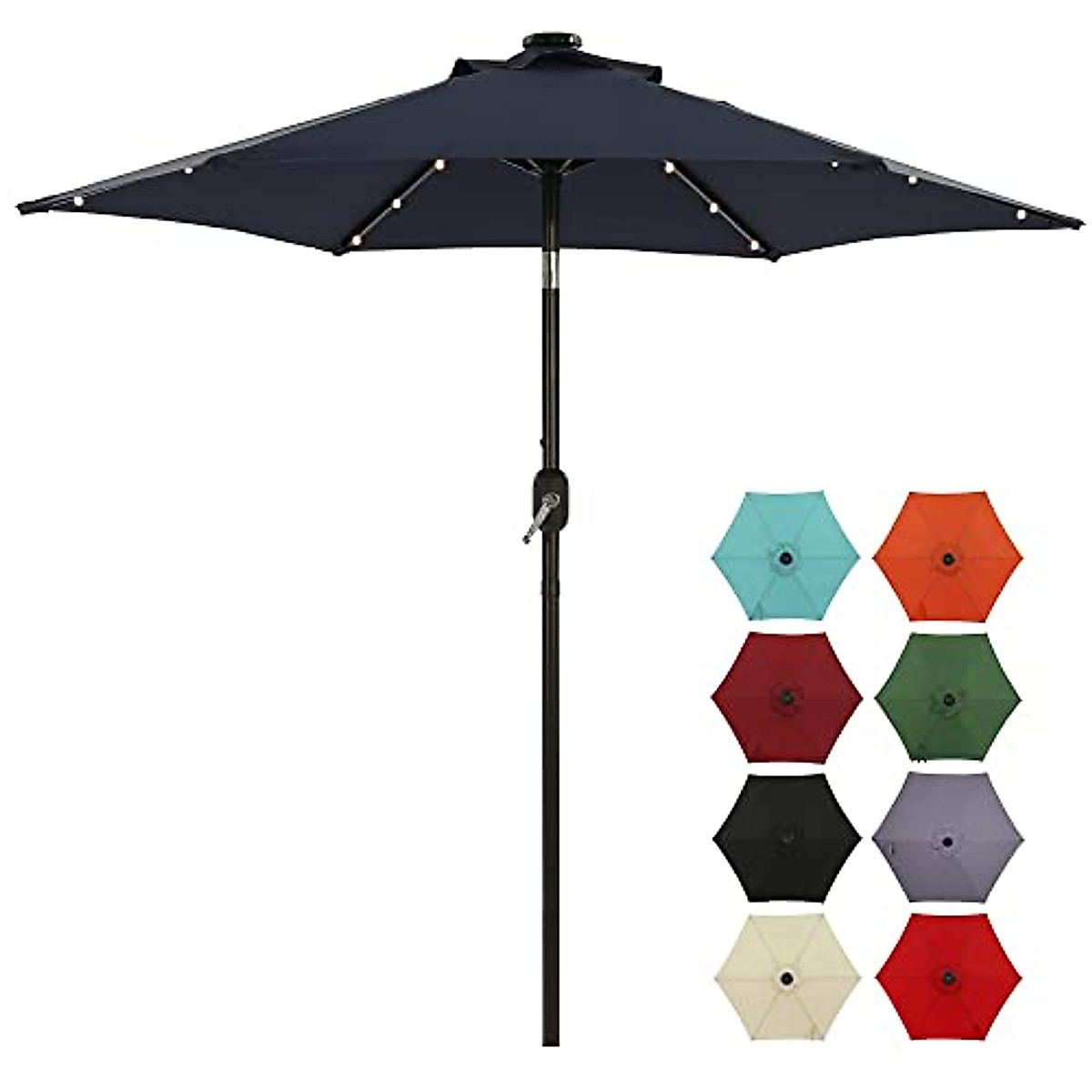 Aok Garden 7.5 FT Solar Patio Umbrella with 18 LED Lights Outdoor Table Market Umbrella with Push Button Tilt and Crank 6 Sturdy Aluminum Ribs for Deck, Lawn, Pool& Backyard, Navy Blue