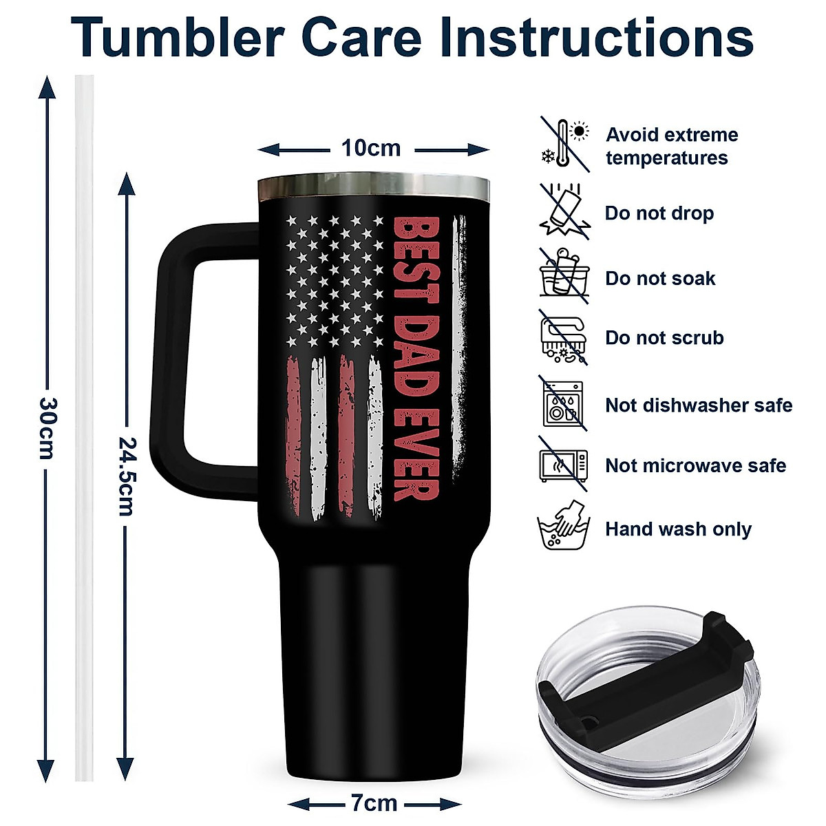 34HD Best Dad Tumbler with Handle & Straw, 40oz Stainless Steel Insulated American Flag Coffee Mug for Men, Birthday Christmas Father Day Gifts for New Papa Bonus Dad Husband Grandpa