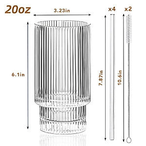 Greefun Ribbed Glassware Set of 4, 20oz Origami Style Drinking Glass Cup with Lid and Straw, Iced Coffee, Cocktail, Beer, Juice Stackable Drinking Glasses, Perfect for indoor and outdoor use