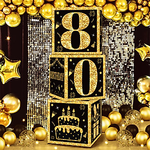 80th Birthday Decorations Boxes for Men- 3PCS Black Gold Happy 80th Birthday Balloons Boxes, 80 Year Old Party Supplies for Men Women