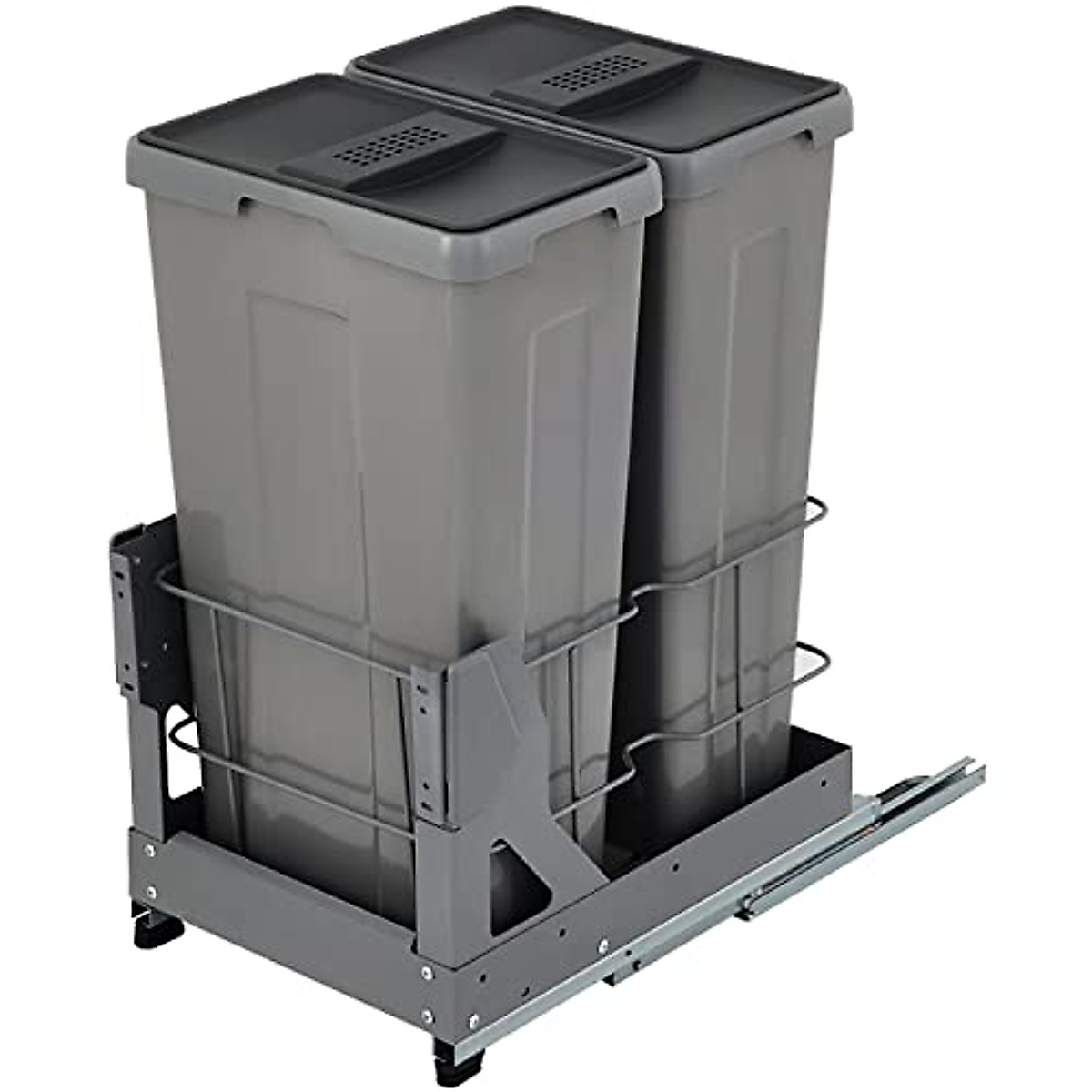VEVOR Pull-Out Trash Can, 29Qt Double Bins, Under Mount Waste Container with Soft-Close Slides, 66 lbs Load Capacity & Door-Mounted Brackets, Garbage Recycling Bin with Lids for Kitchen Cabinet, Grey