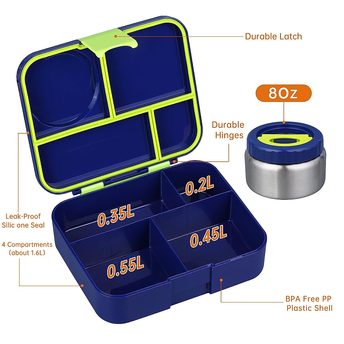 Bento Lunch Box for kids With 8oz Soup Thermo,Leak-proof Lunch Containers with 4 Compartment,Thermo Food Jar, BPA Free,Travel, School