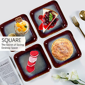 Ceramic Square Plate Sets - Dessert, Appetizer, Snack, Small Dinner Plate Scratch Resistant, Porcelain Serving Side Dish 6.3 Inch Microwave & Oven, Dishwasher Safe - Set of 4, Reactive Red